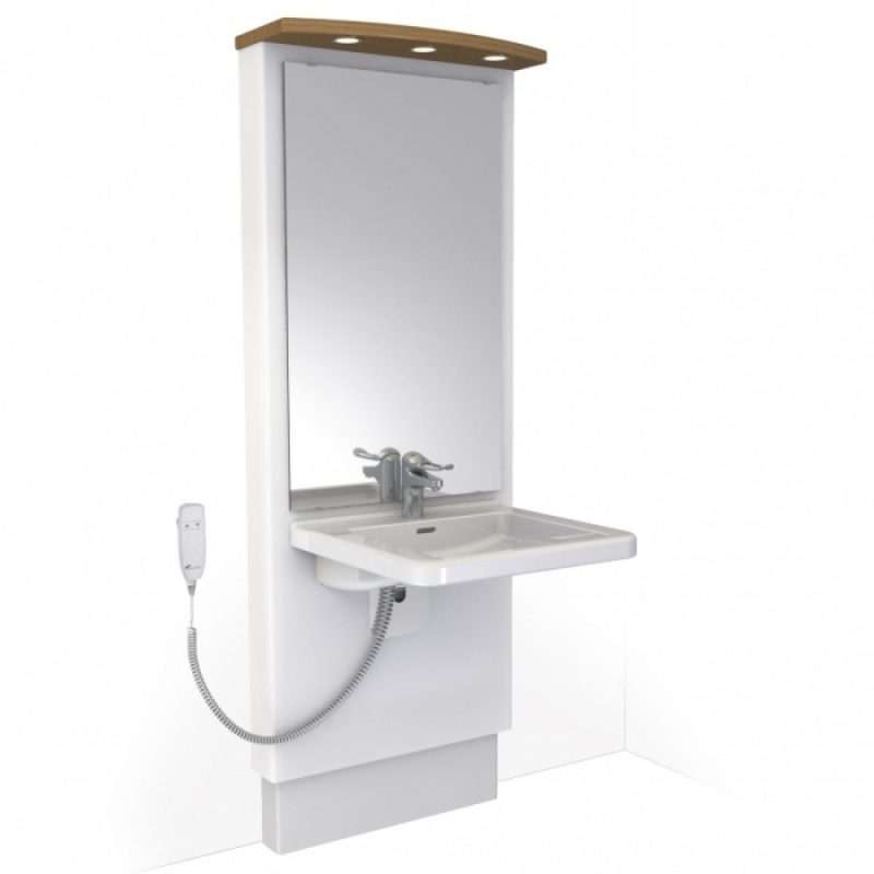 Electric height adjustable washbasin system with mirror and lighting ...